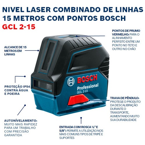 Nível a laser com 2 linhas e 2 pontos de prumo - GCL 2-15 - Bosch