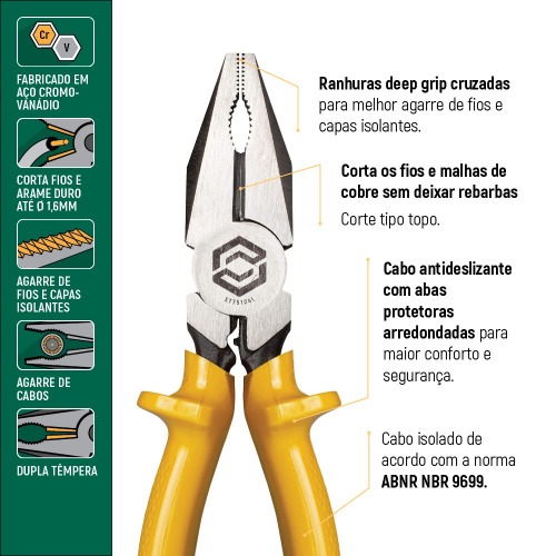 Alicate universal para eletricista isolado 8" - ST75104L - Sata