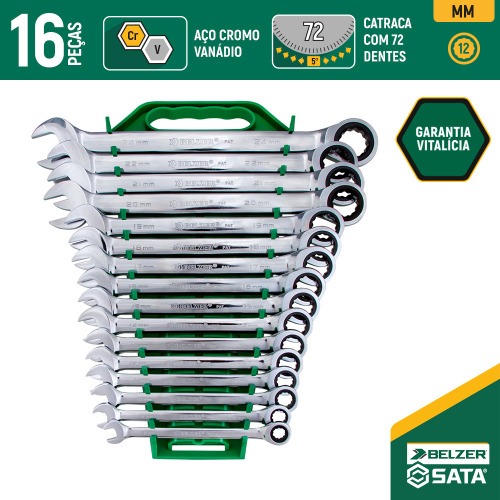 Jogo de chave combinada com catraca 8 a 24mm aço cromo vanádio 16 peças ...