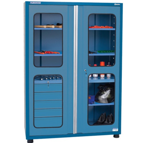 Armário para ferramentas com 3 prateleiras 5 gavetas e portas de vidro ...